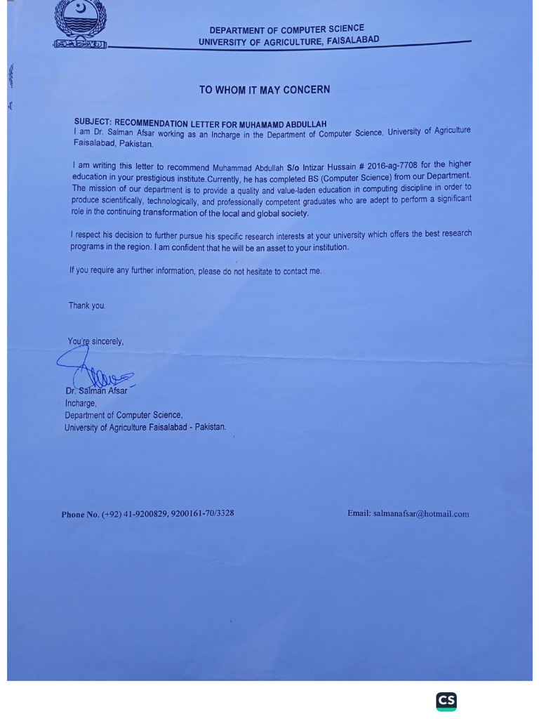 Muhammad Abdullah Reference Letter 1 | PDF