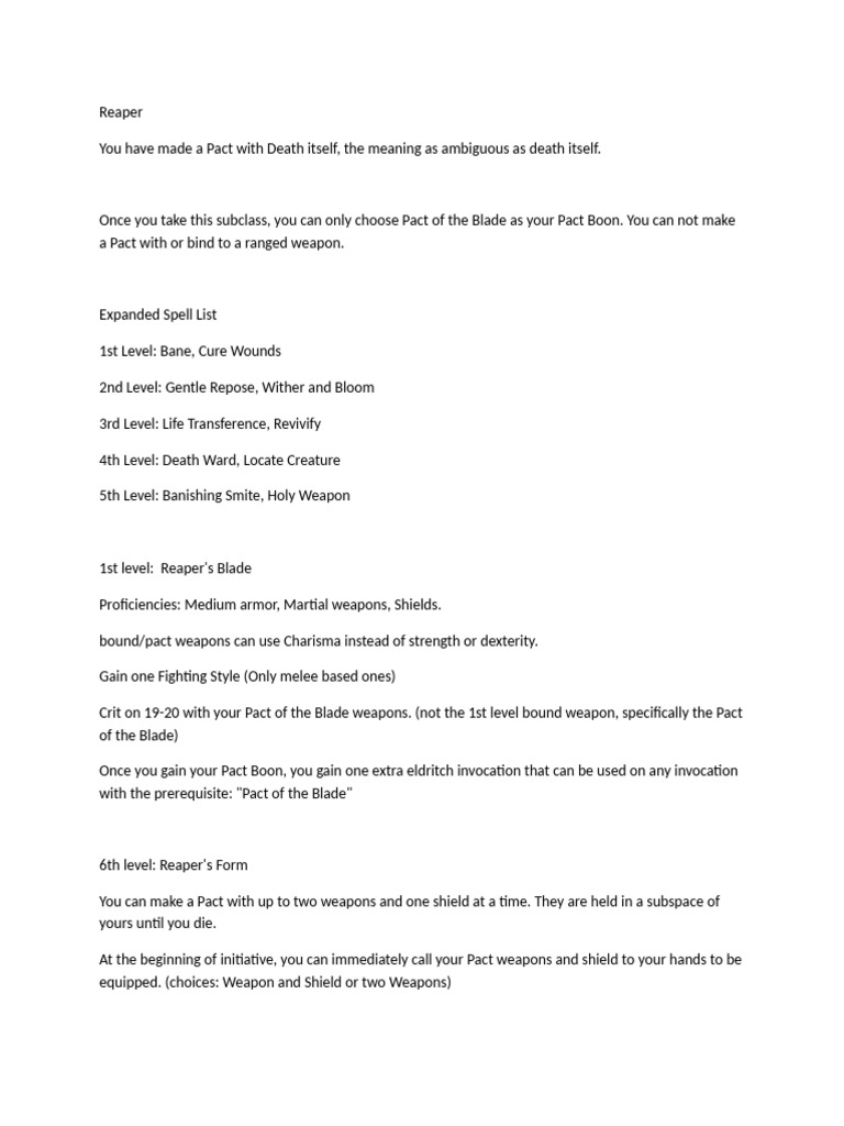 Reaper Warlock (Homebrew Subclass) | PDF