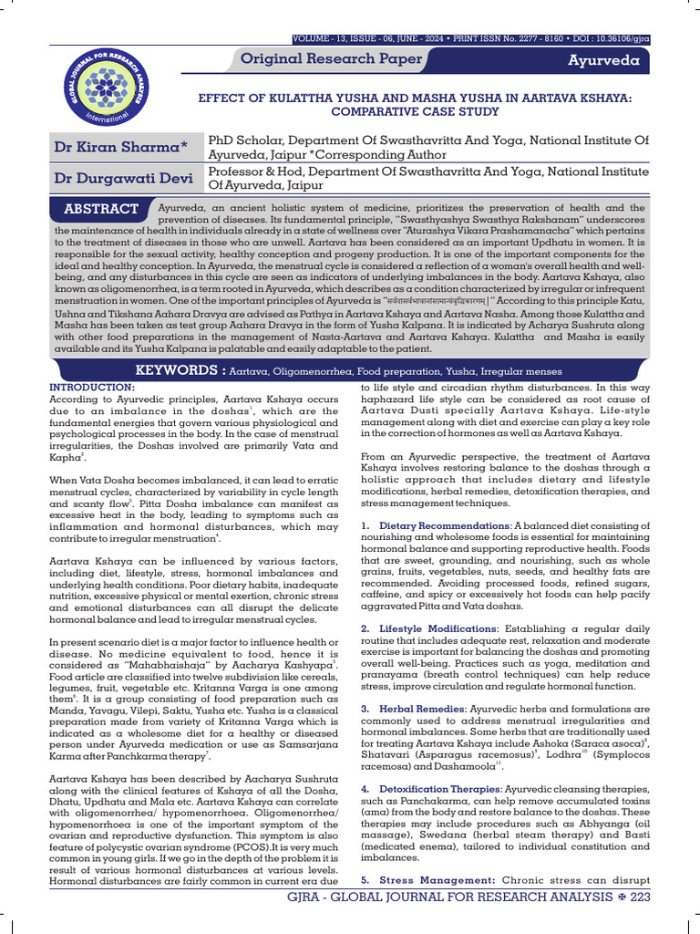 Effect of Kulattha Yusha and Masha Yusha in Aartava Kshaya Comparative Case Study - June - 2024 ...