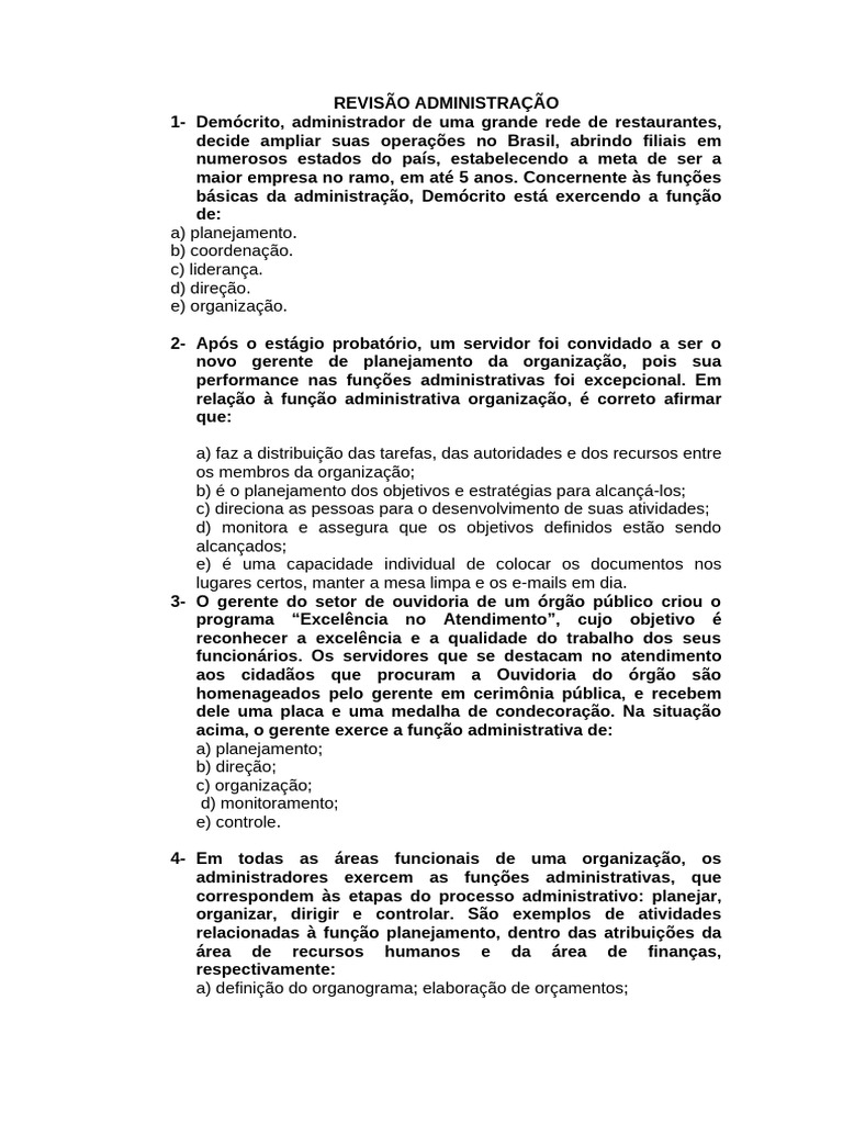 Questoes Revisão Adm Superior | PDF | Planejamento | Gestão de recursos ...