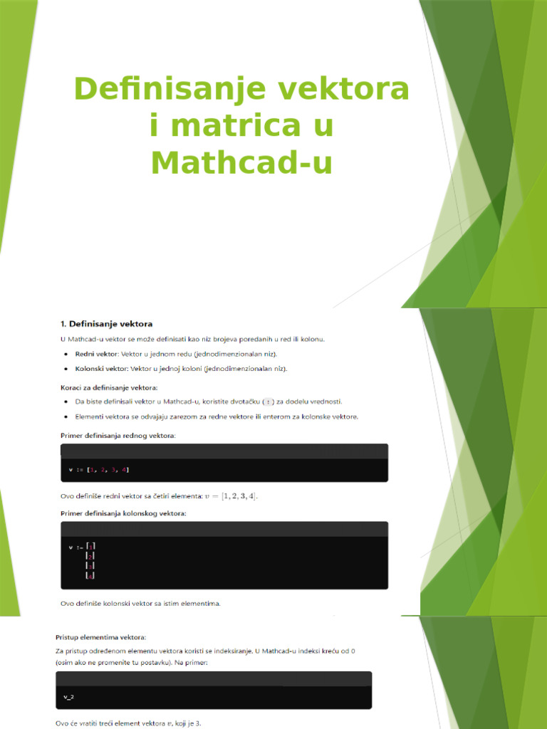 Definisanje Vektora I Matrica U Mathcad-U | PDF