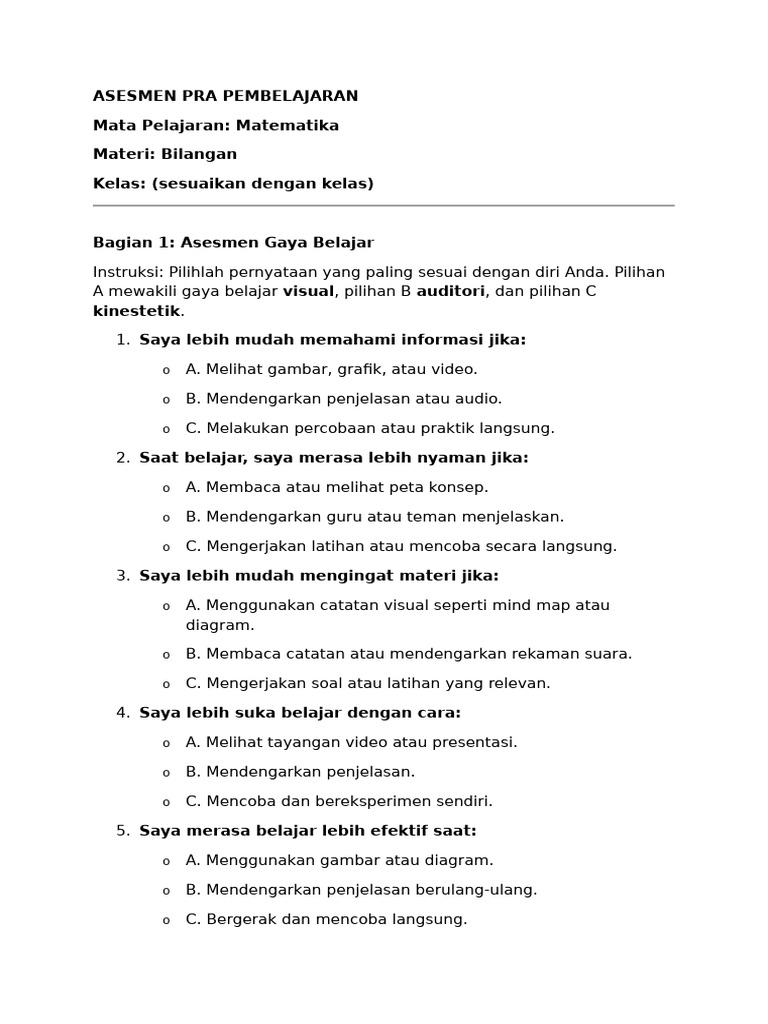 CONTOH ASESMEN PRA PEMBELAJARAN - Copy | PDF