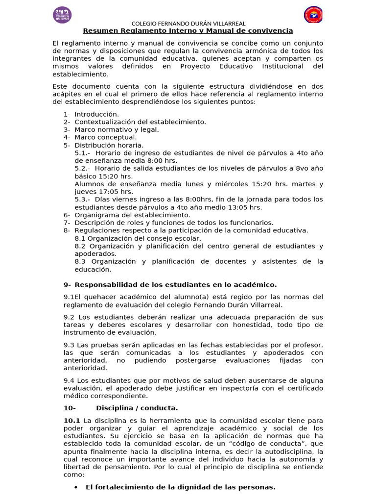Resumen Reglamento Interno y Manual de convivencia 2024 OFICIO | PDF | Disciplinas | Violencia