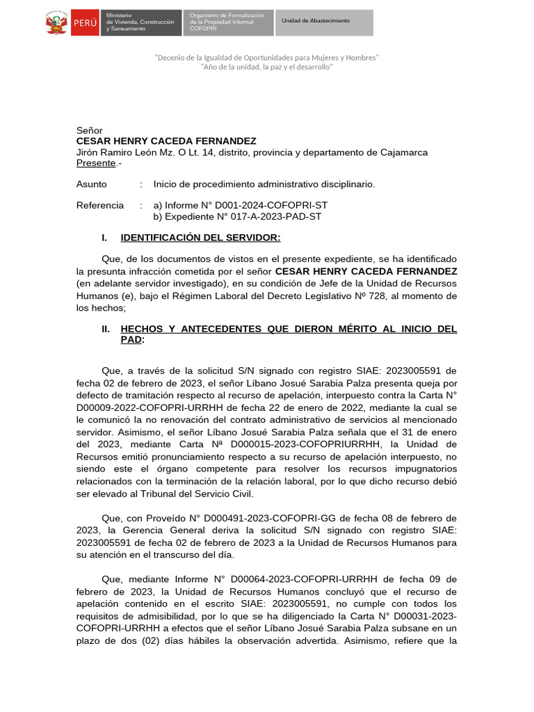 Proyecto Carta de Acto de Inicio Del Exp. 017-A | PDF | Apelación | Regulación