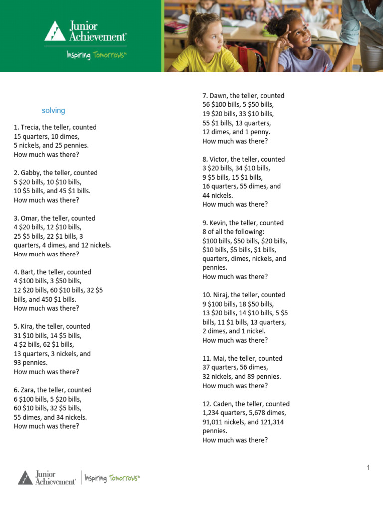 JA Bank Teller Computations Handout | PDF | Nickel (United States Coin ...