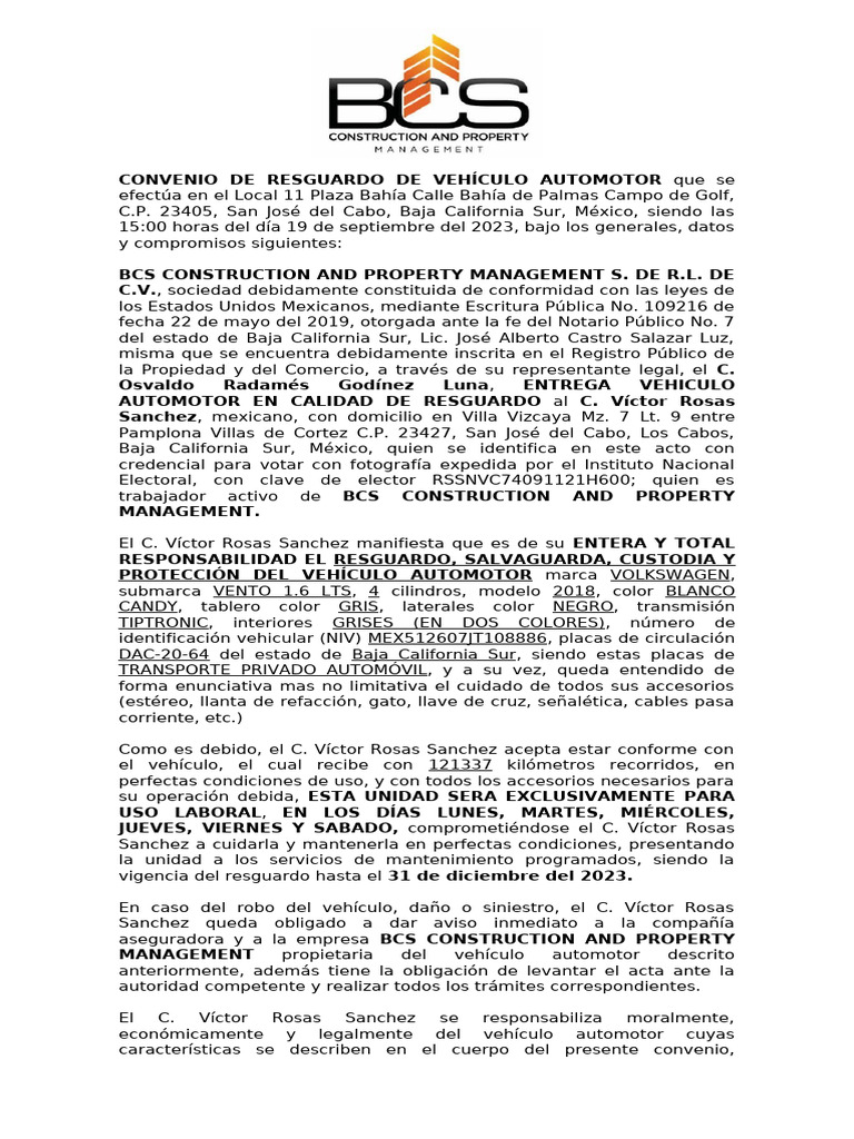 CONVENIO DE RESGUARDO DE VEHICULO VRS 2023 | PDF