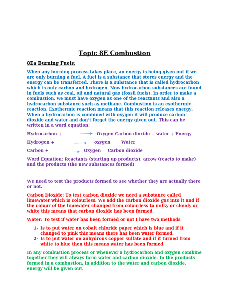Topic 8E Combustion Full Explanation With Questions | PDF | Combustion | Fires