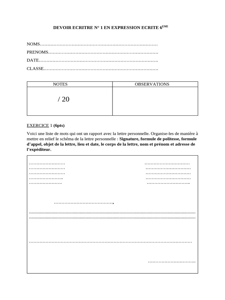 Devoir Ecrit 6eme | PDF