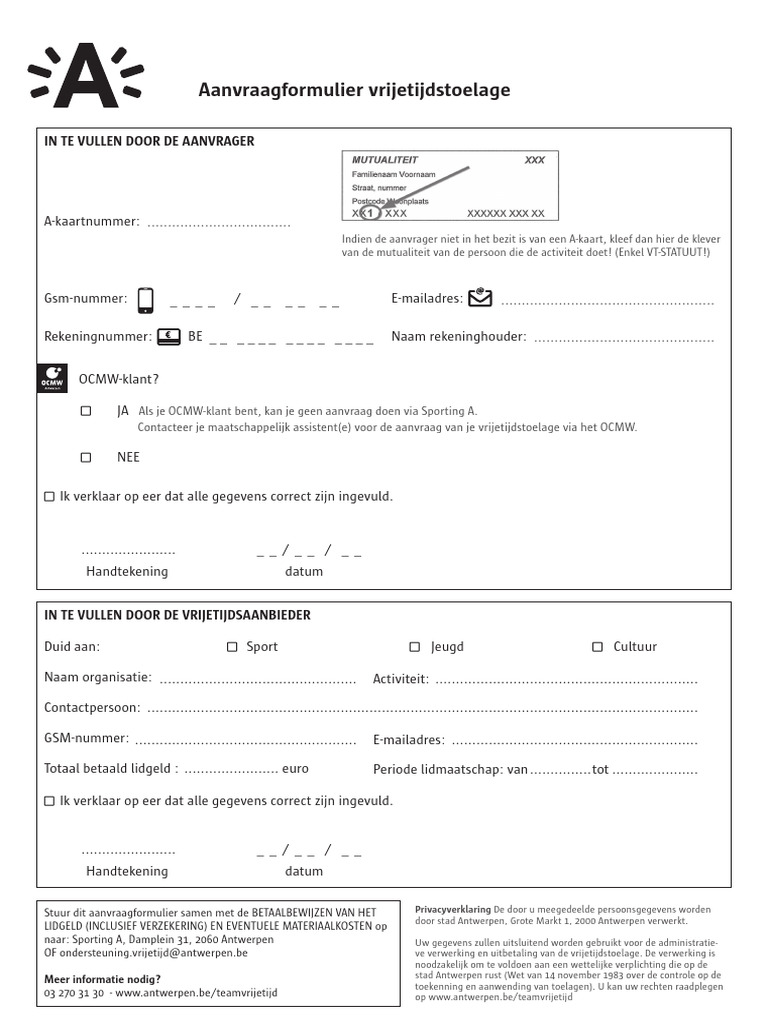 Aanvraagformulier Ondersteuning Lidgeld | PDF