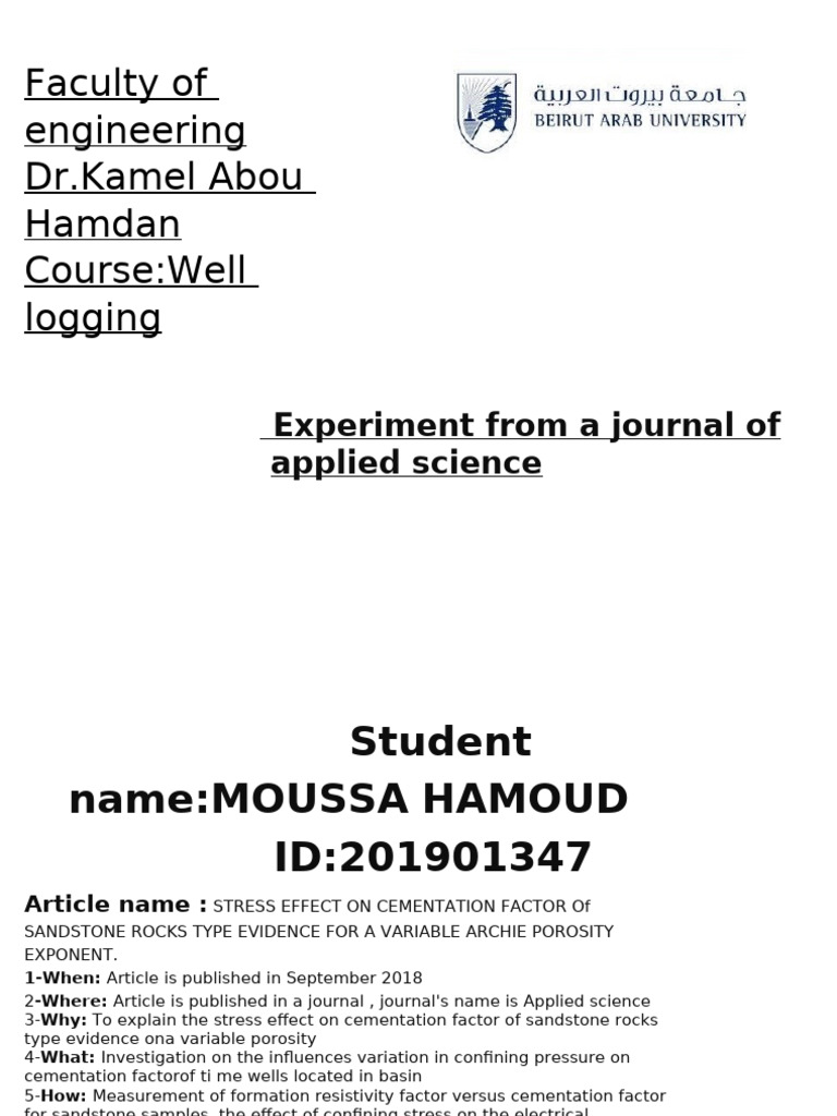 Faculty of Engineering DR - Kamel Abou Hamdan Course:Well Logging | PDF | Porosity | Sandstone