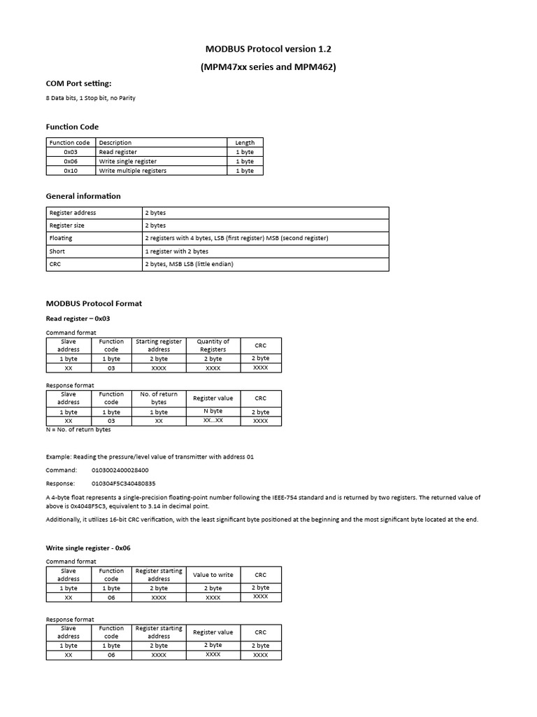 1718021954-MPM47XX MODBUS Protocol V1.2 | PDF | Byte | Computing