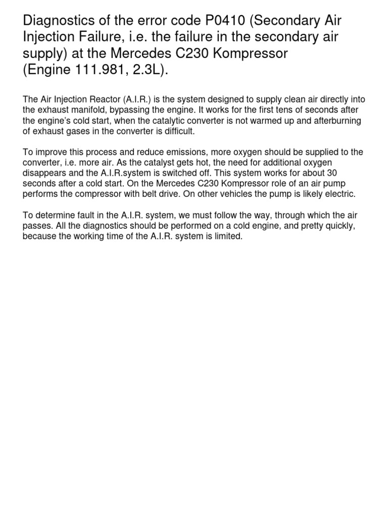 P0410 Error Code Diagnostics for Mercedes C230 | PDF | Valve | Internal ...