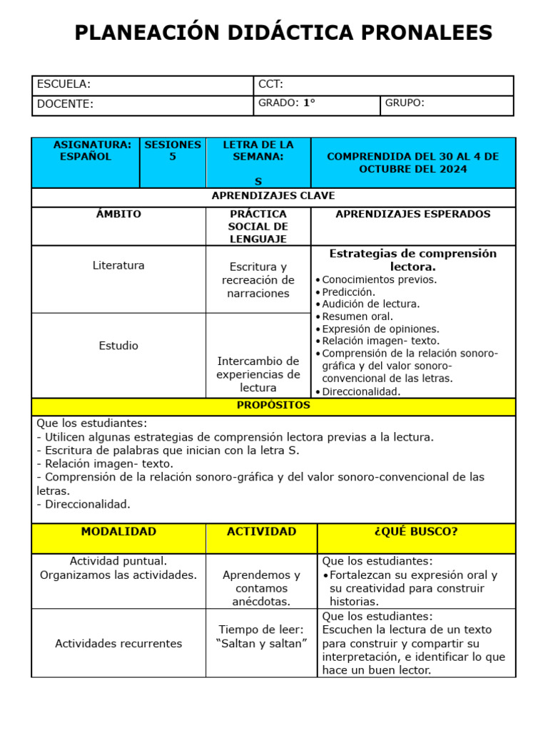 Planeación Pronalees Letra S Semana 5 Primer Grado | PDF