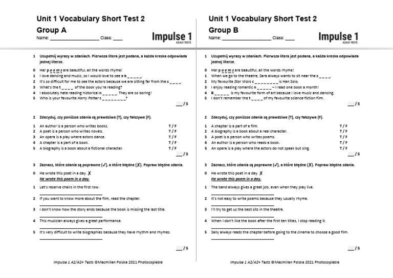 Impulse 1 Unit 1 Vocabulary Test | PDF | Language Arts & Discipline