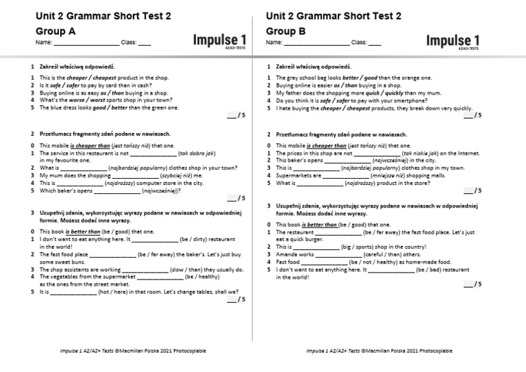 Unit 2 Grammar Short Test 2 A+B | PDF | Cuisine | Fast Food