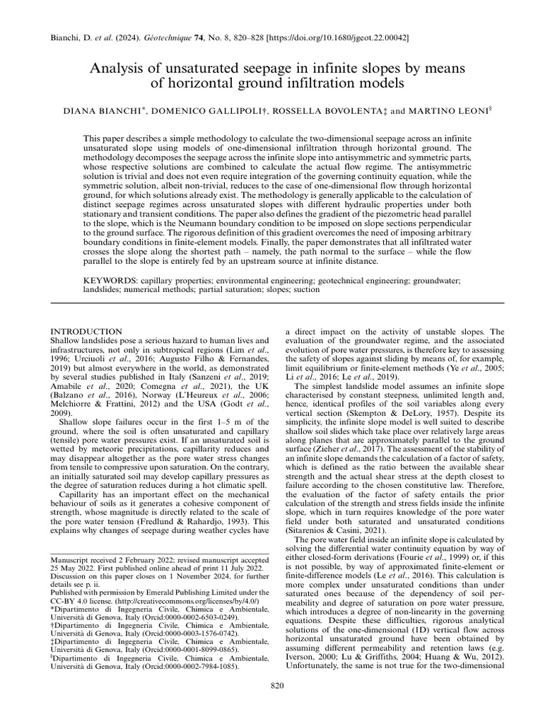 Bianchi Et Al 2022 Analysis of Unsaturated Seepage in Infinite Slopes by Means of Horizontal ...