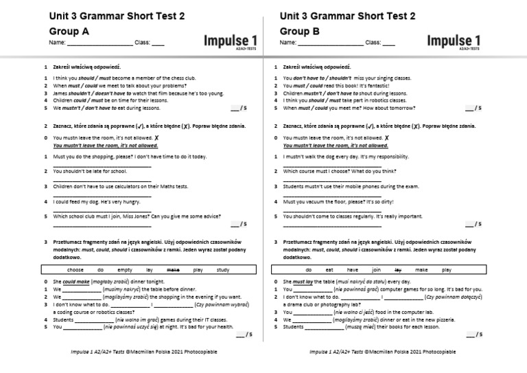 Unit 3 Grammar Short Test 2 A+b | PDF
