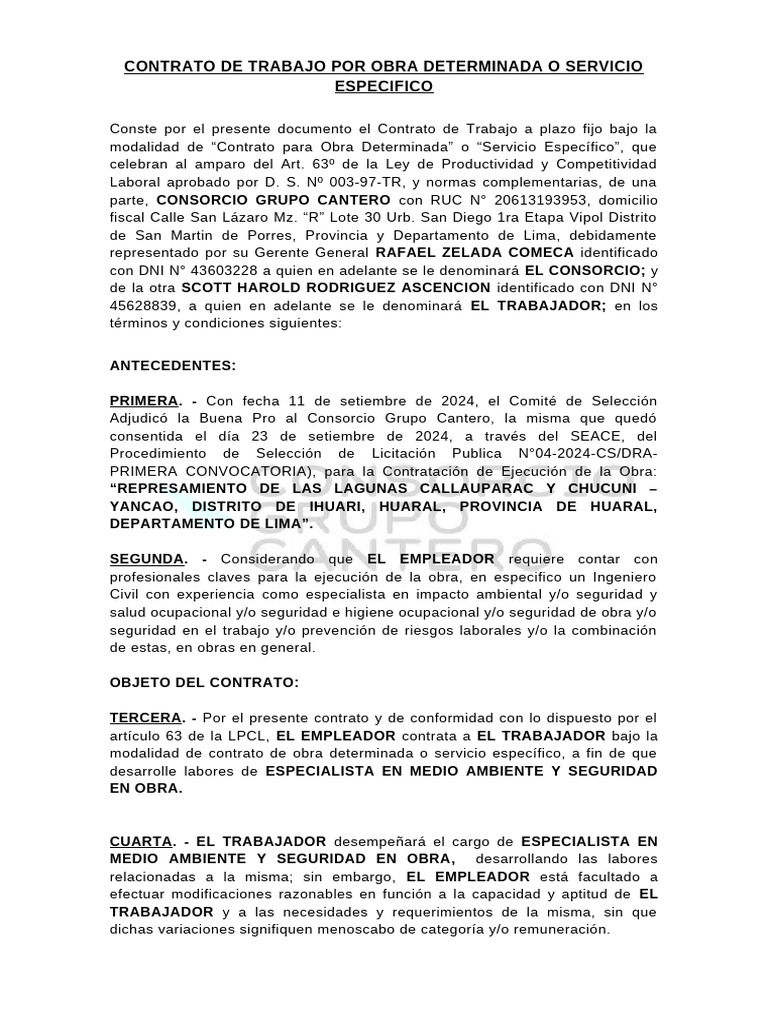 Contrato de Trabajo Por Obra Determinada o Servicio Especifico - Huaral | PDF | Derecho laboral ...