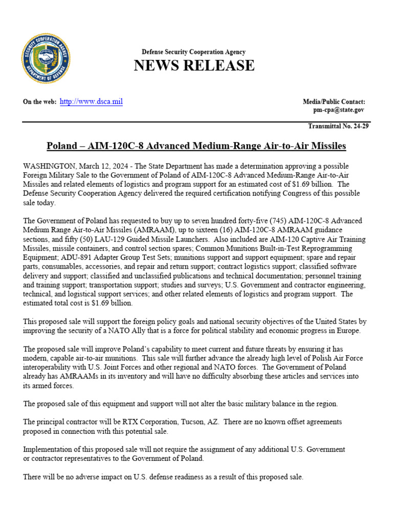 Press Release - Poland 24-29 CN AIM-120C-8 | PDF | Military Technology
