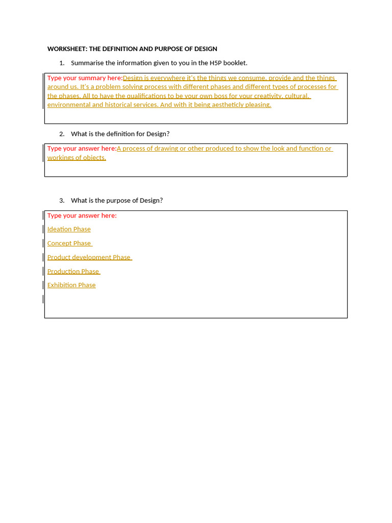 WORKSHEET Definition and Purpose of Design | PDF