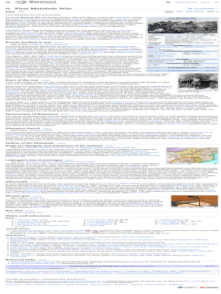First Matabele War - Wikipedia | PDF | Rhodesia