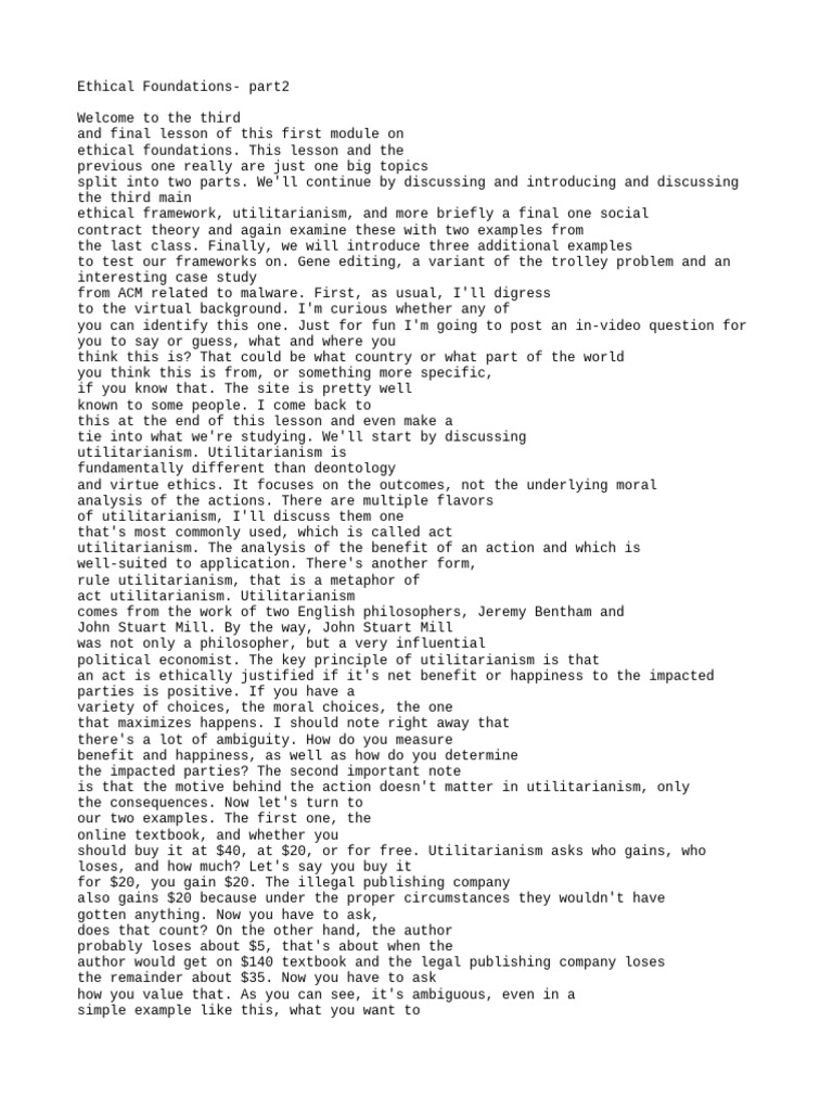 Ethical Foundations - Part2 | PDF | Utilitarianism | Social Contract