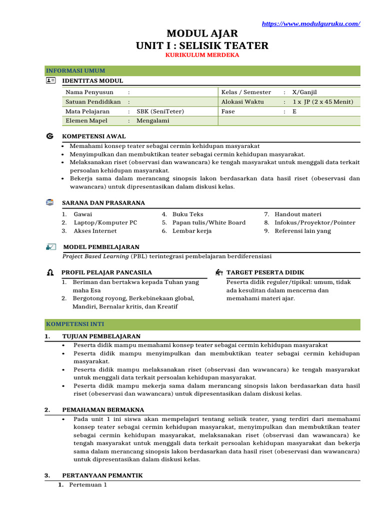 Modul Ajar Seni Teater Kelas 10 Fase E Unit 1 | PDF | Karier & Perkembangan | Kajian Bahasa Asing
