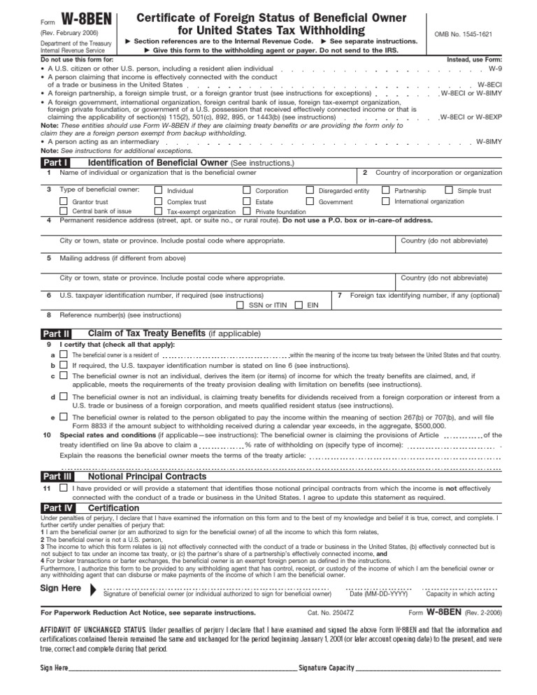 IRS Form W-8BEN With Affidavit of Unchanged Status Instructions Feb ...