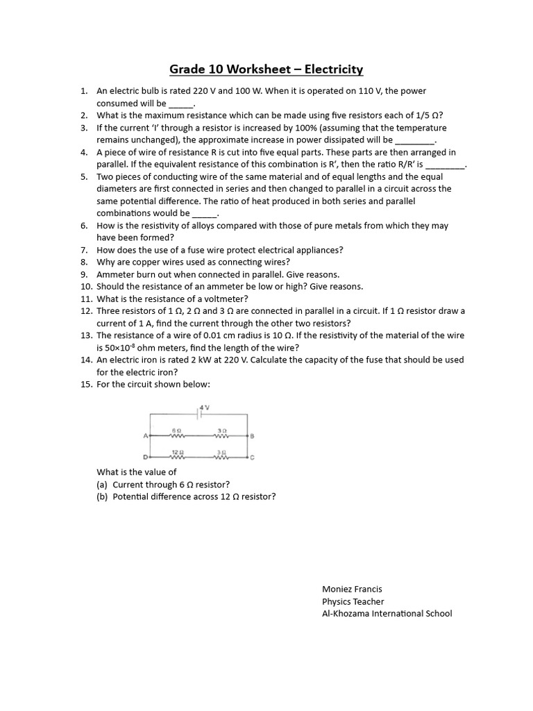 Gr 10 Physics Electricity - Worksheet | PDF