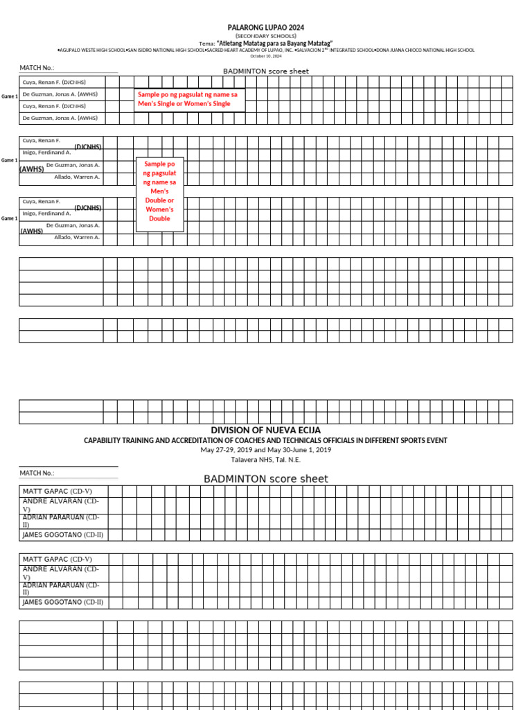Badminton Sheet - Intrams 2018 | PDF
