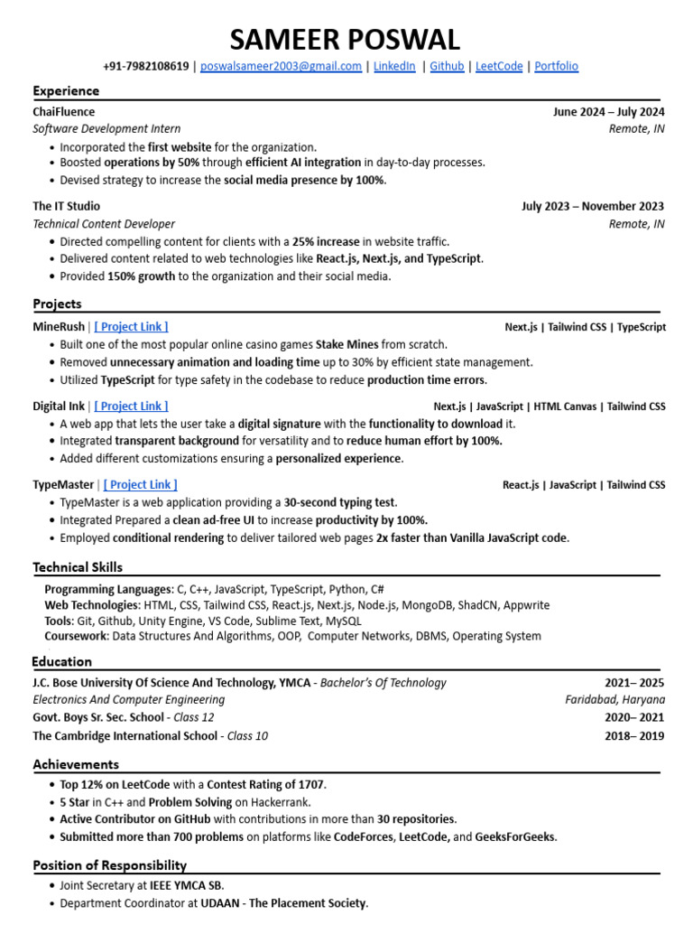 Sameer Poswal Resume 2 1 Pdf Java Script World Wide Web