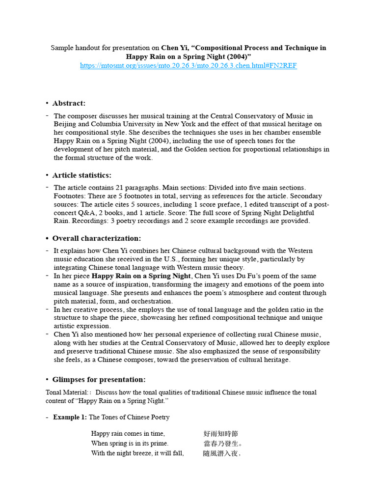 Chenyi 春夜喜雨 Presentation | PDF | Poetry | Tone (Linguistics)