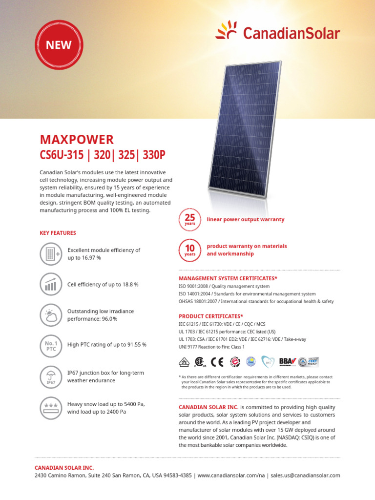 CS6U-330P Specifications | PDF | Solar Panel | Fuse (Electrical)