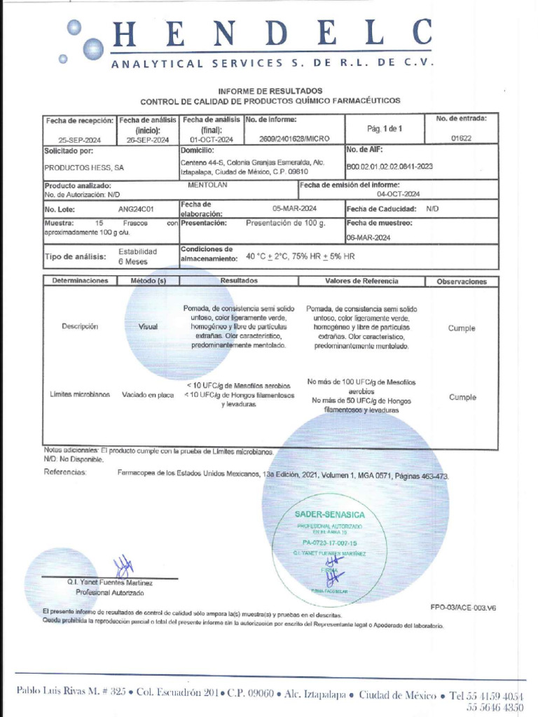 Informe de Resultados Estabilidad Acelerada Mes 6 Mentolán LT ANG24C01 ...