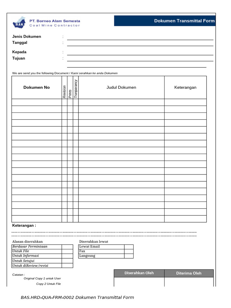 Formulir Transmittal Dokumen BAS.HRD-QUA-FRM-0002 | PDF