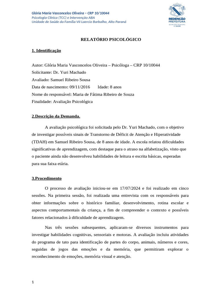 Avaliação Psicológica de TDAH e TEA em Criança | PDF | Psicologia ...