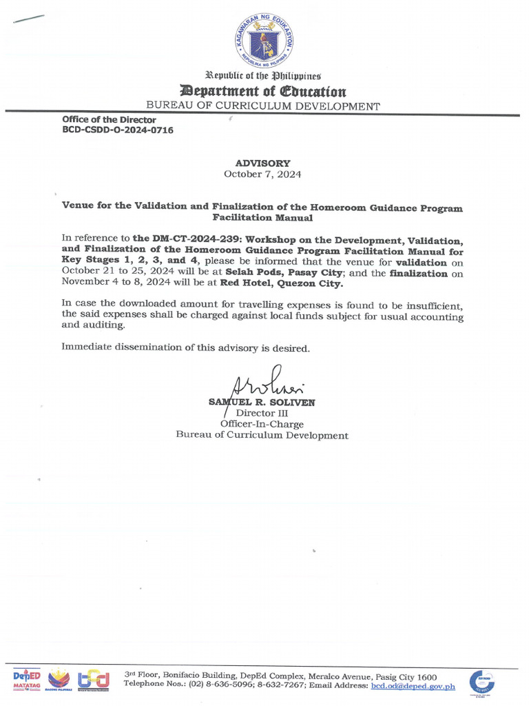10-08 CSDD-O-0716 Advisory Venue For The Validation and Finalization of ...