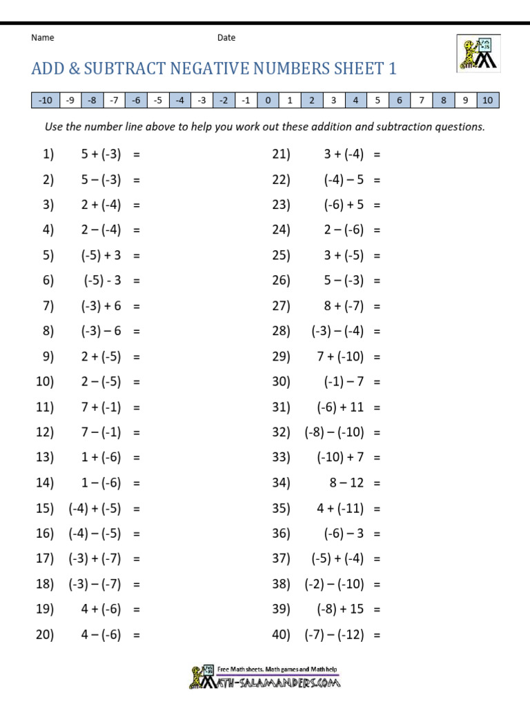 Add & Subtract Negative Numbers Sheet 1 | PDF | Arithmetic | Elementary Mathematics