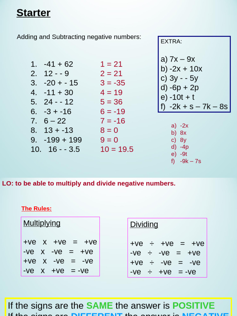 Starter: Adding and Subtracting Negative Numbers | PDF