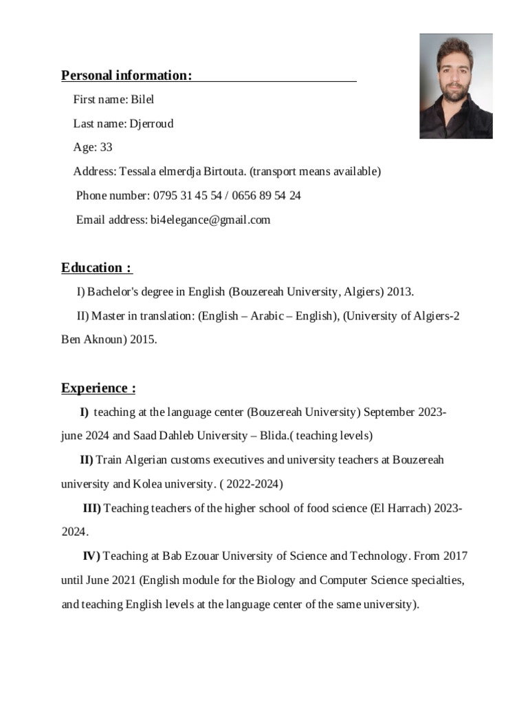 Bilel Djerroud: English Teacher Profile | PDF | Foreign Language Studies
