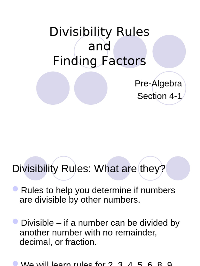 Divisibility Rules and Finding Factors: Pre-Algebra Section 4-1 | PDF ...