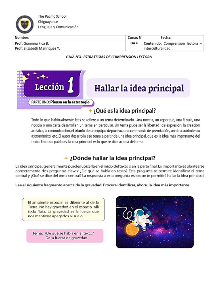Guía N°4 Comprensión Lectora - Hallar La Idea Principal | PDF ...