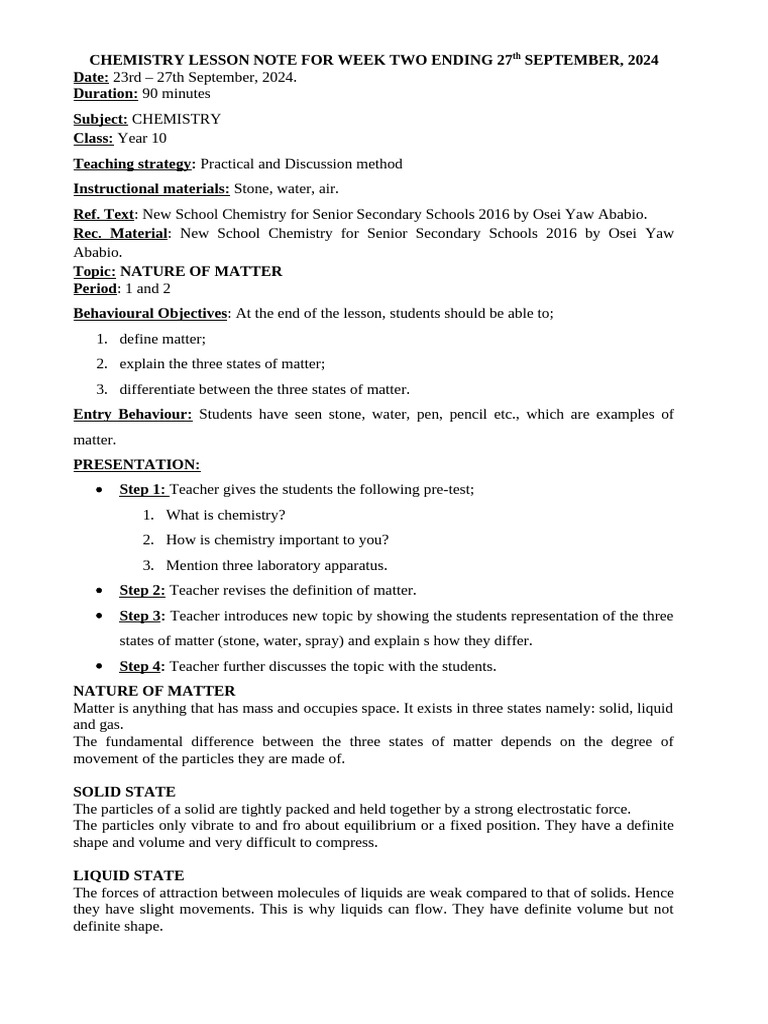 Chemistry Year 10 Week 2 | PDF | Gases | Liquids
