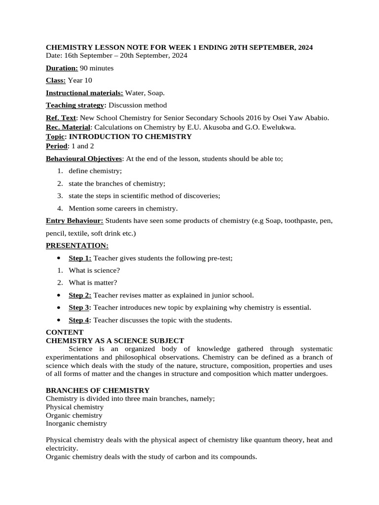 Year 10 Chemistry Intro Lesson | PDF | Chemistry | Science