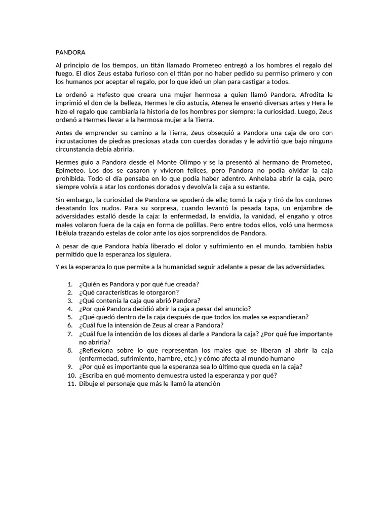 El mito de Pandora y su caja | PDF | Prometeo | Zeus