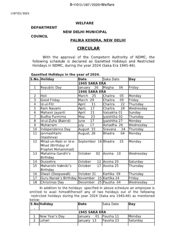 Holiday List 2024 | PDF