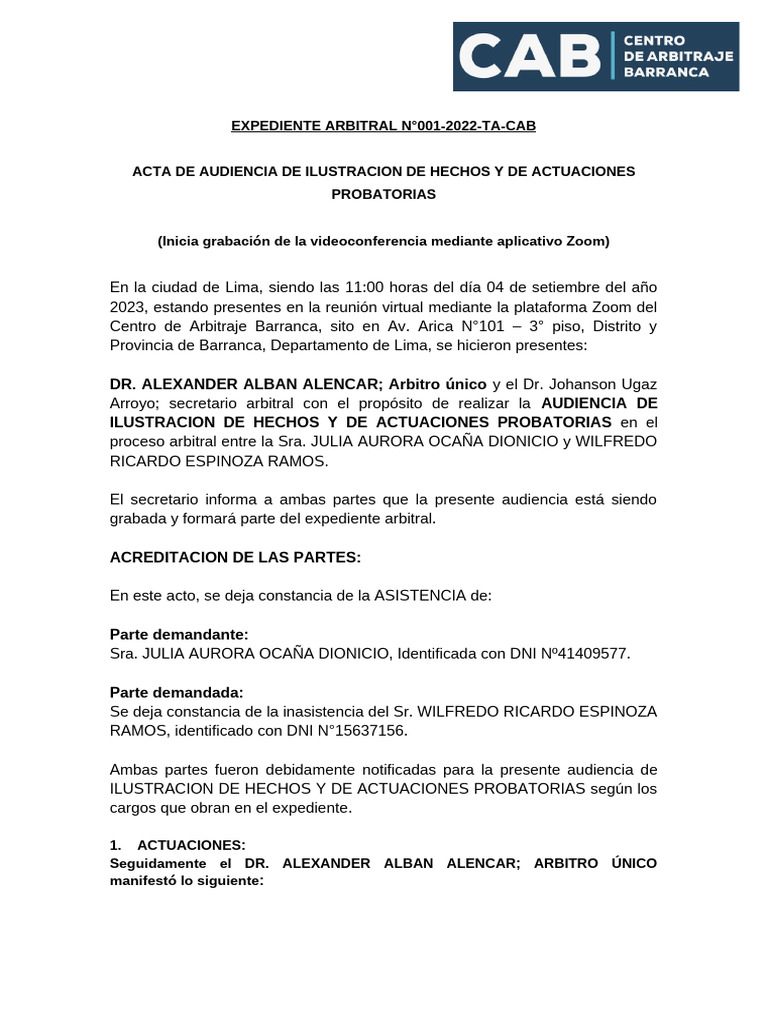 Acta Audiencia Ilustracion Hechos (Exp. 001-2022) | PDF