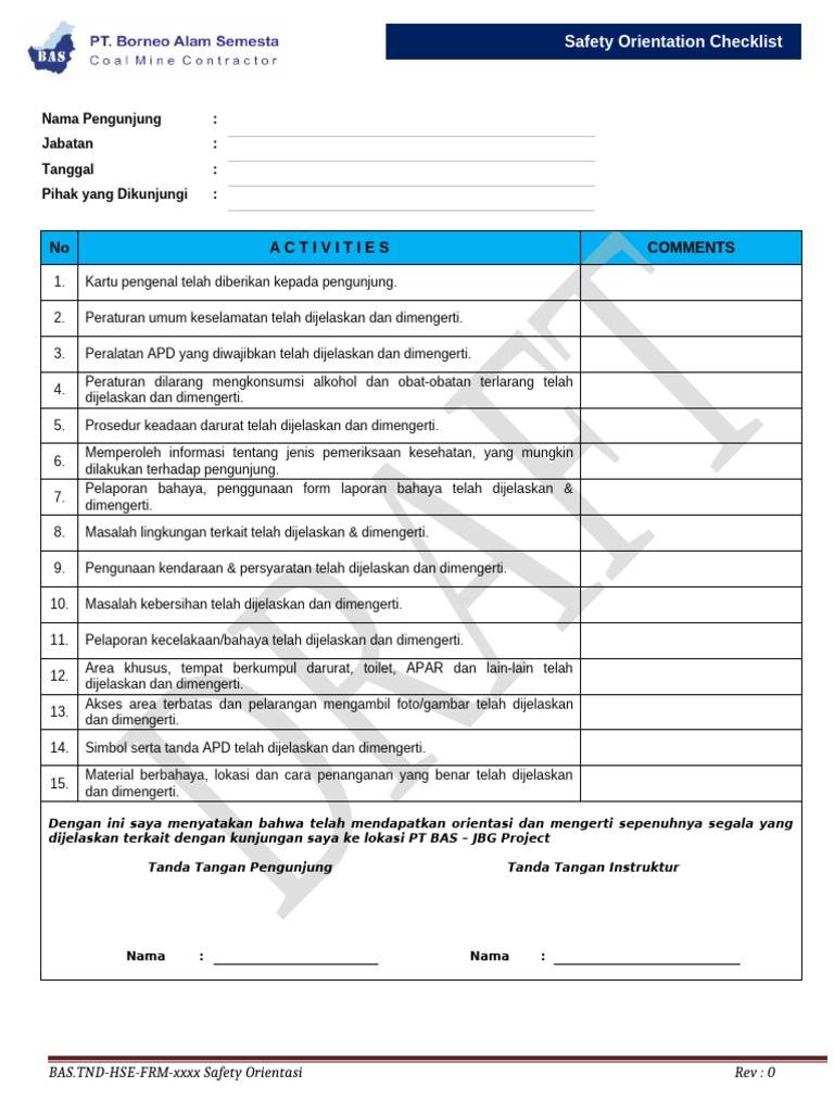 BAS - TND-HSE-FRM-xxxx Safety Orientation Checklist | PDF | Bisnis
