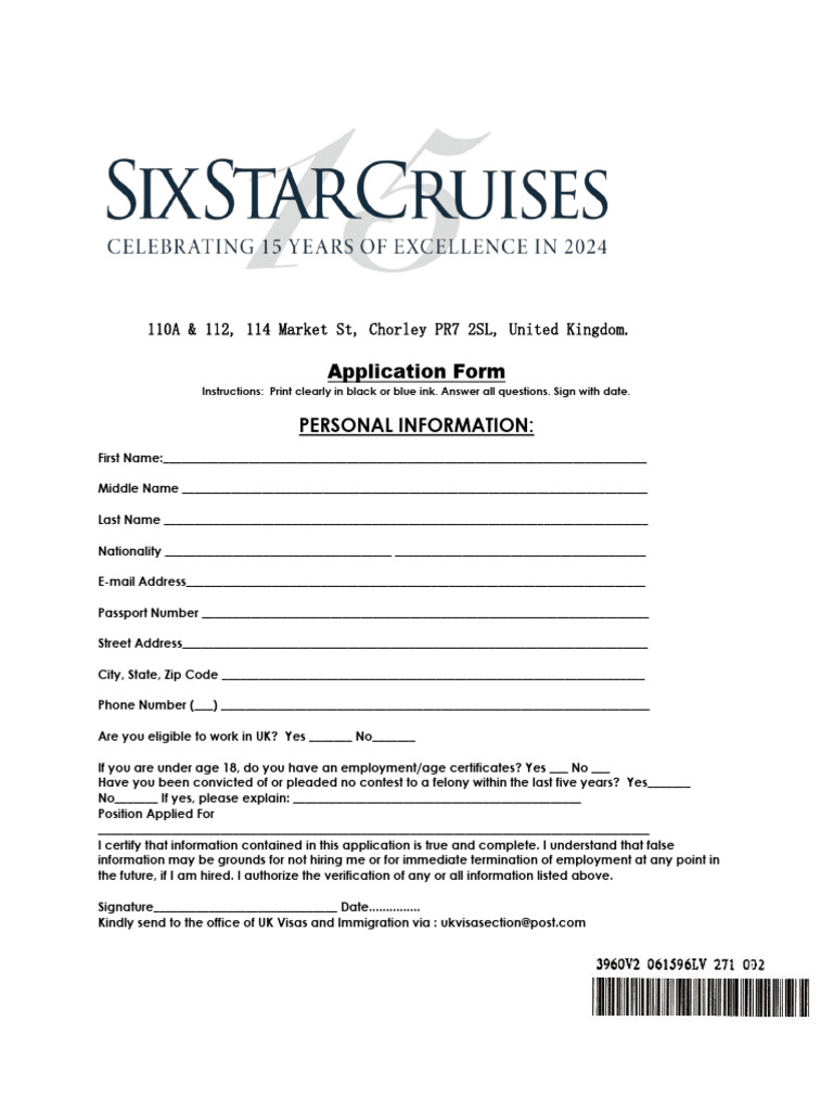 Six Star Cruises Application Form (1) | PDF