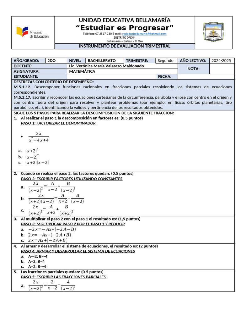 EVA MATE 2do BGU-2T(24-25) | PDF | Elipse | Matemática Elemental